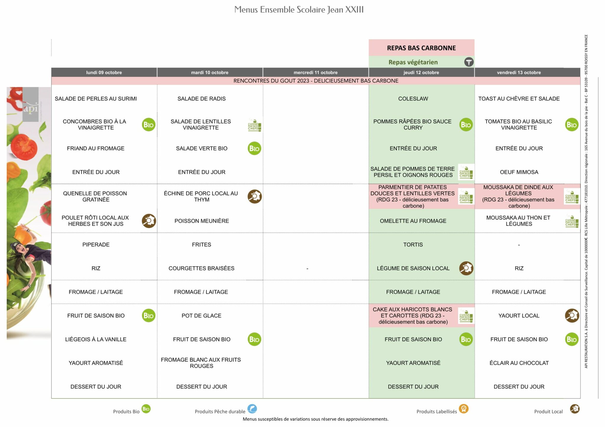 Menus SELF du 9 au 13 octobre 2023 - Ensemble scolaire catholique JEAN ...